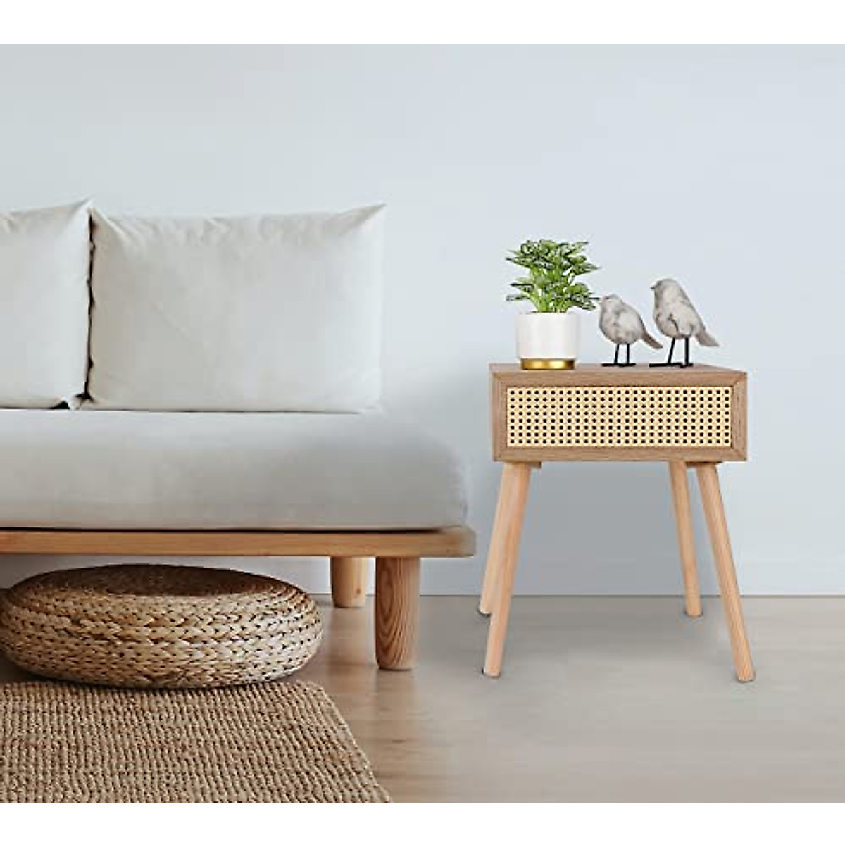 Rattan Nightstand with Drawer, Bedside Table, End Table with Storage, Modern Boho Nightstands, Mid-Century Coffee Table, Small Side Tables for Living Room Bedroom Office Balcony (Natural Walnut)