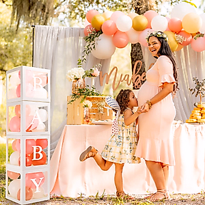 Keencopper Baby Boxes with 12 Letters for Baby Shower, Baby Shower Decorations for Boy Or Girl, 4 Pcs Transparent Balloon Boxes Clear Blocks for 1st Birthday, Gender Reveal Party Supplies Background