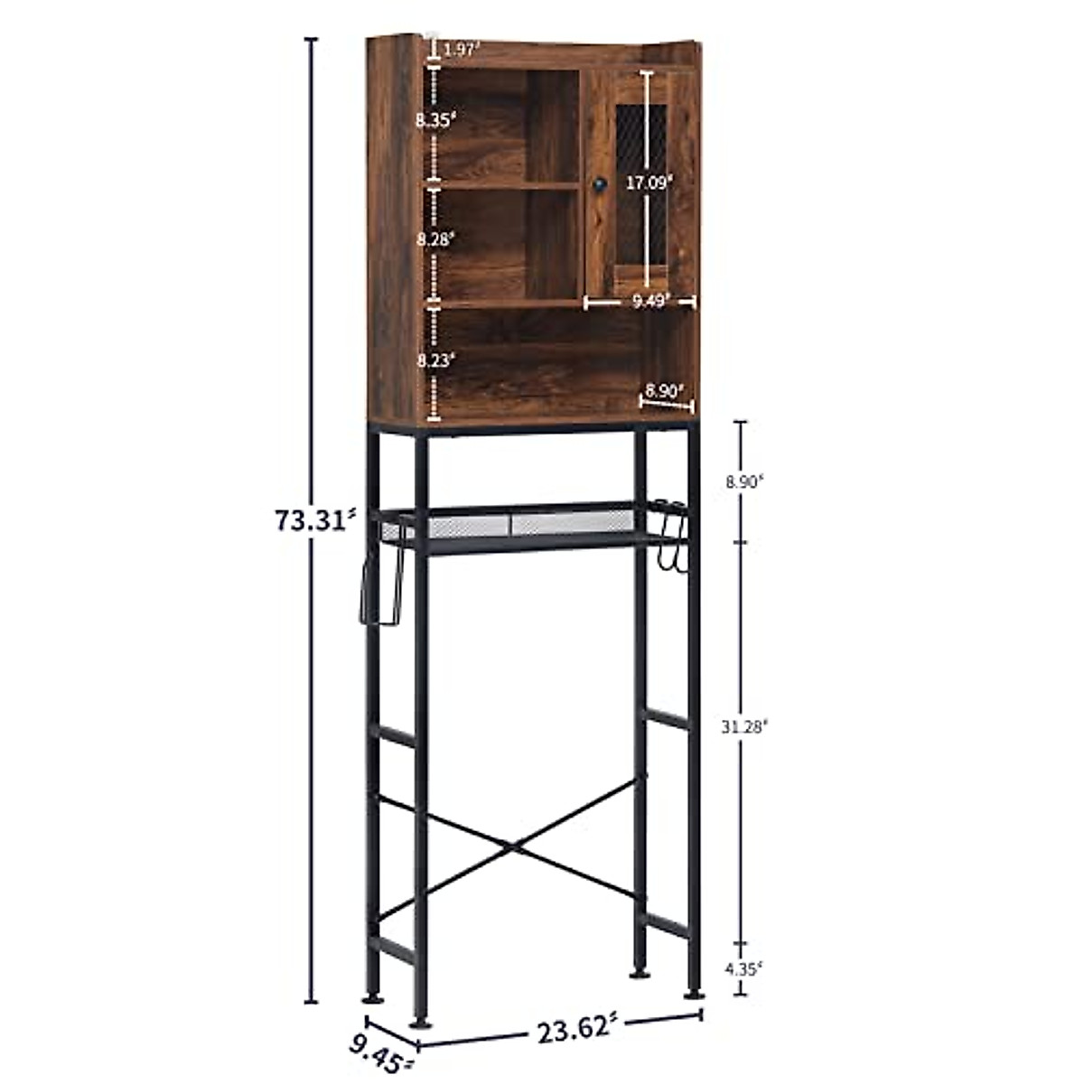 Labonida Over The Toilet Storage Cabinet - 5-Tier Freestanding Bathroom Organizer - Retro Space Saver Toilet Shelf - Multi-Function Display Shelves with Door