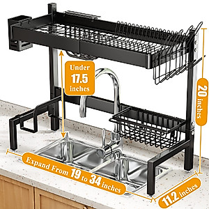 SAYZH Over The Sink Dish Drying Rack, Dish Drying Rack Auto-Drain Expandable (19.9 to 34 inch) 2-Tier Kitchen Counter Dish Drainer Rack with Metal Steel Utensil Cup Holder Sink Caddy, Black