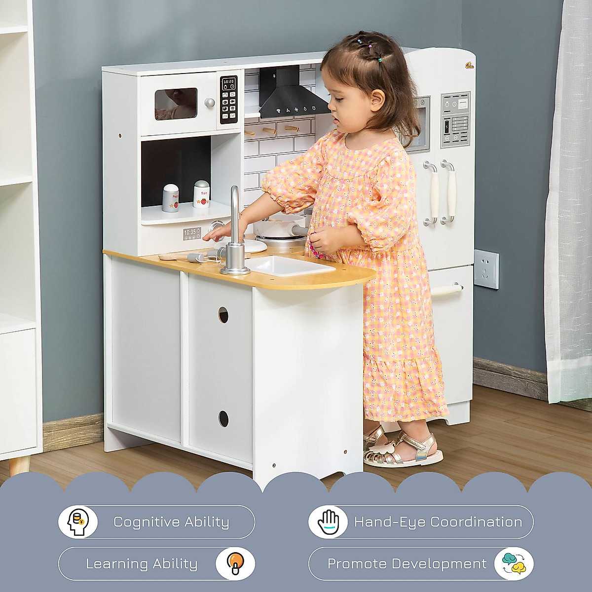 Qaba Large Play Kitchen with Full Set of Appliances for a Modern Day Pretend Kitchen, Tons of Storage, Corner Play Kitchen Set with Sound Effect, Educational Pretend Role Playset Game