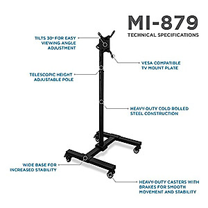 Mount-It! Mobile TV Stand with Locking Wheels | Adjustable Height Rolling Cart for 13" - 42" Flat Panel LCD LED Screens | VESA Compatible up to 200mm | Black