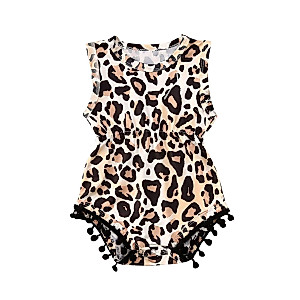 Newborn Kids Baby Girls Clothes Floral Jumpsuit Romper Playsuit Backless Ruffle Headband Sunsuit Outfits (Leopard, 0-6 Months)