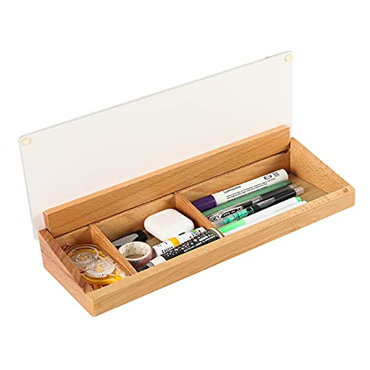 Desktop Glass Whiteboard with Wooden Organizer Box for Office Supplies Storage, Computer Keyboard Stand, Desk Dry Erase White Board with Drawer for Stationary, Marker & Eraser Included, Yeoux