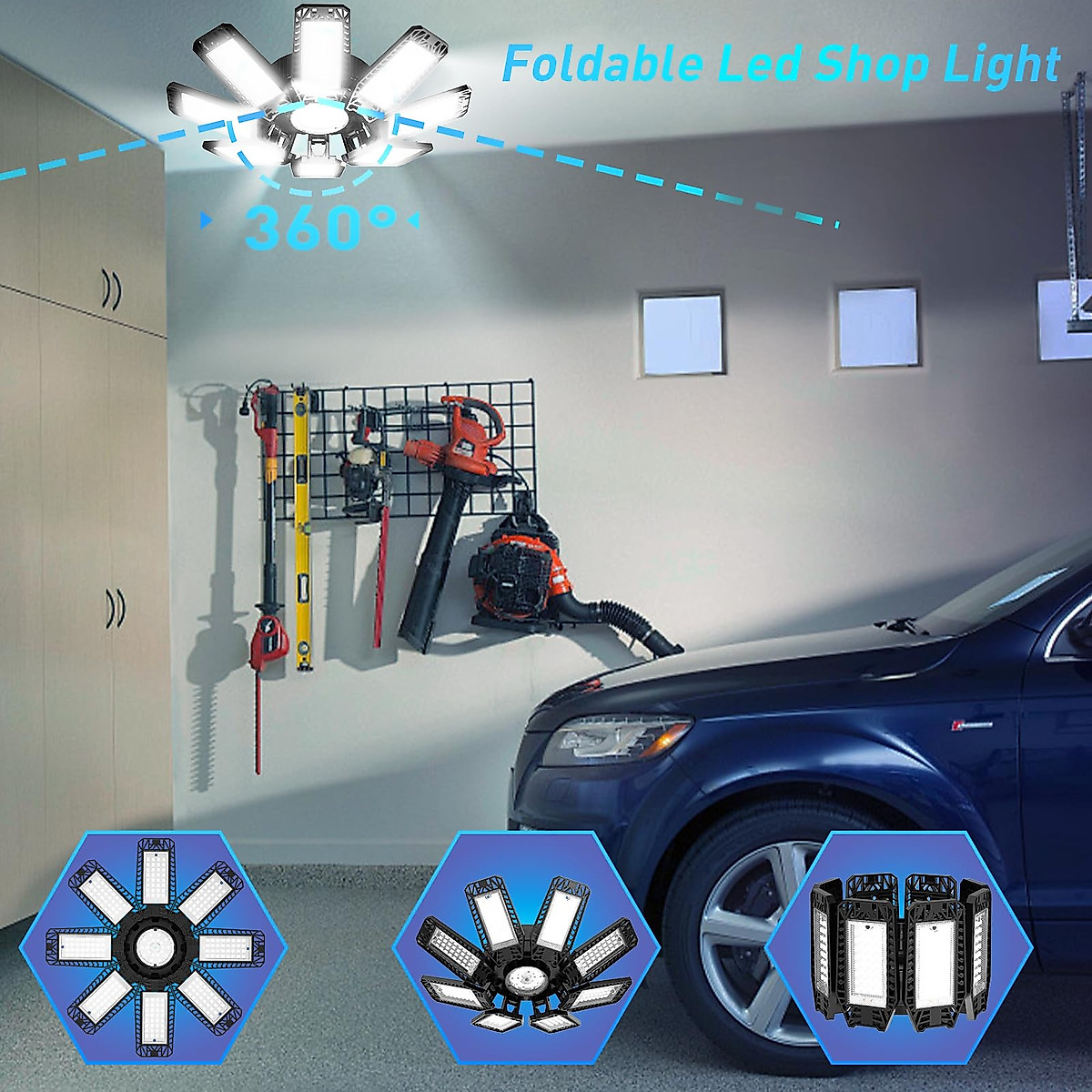 ISKYDRAW Garage Lights - 240W LED Garage Light 2 Pack 24000lm Garage Lights Ceiling LED with 8 Deformable Panels, Shop Light 6500K fit for E26 E27 Bulb Socket, Lighting for Workshop Basement Barn