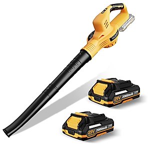 Leaf Blower Cordless with 2 Batteries and Charger, 150MPH Handheld Electric Leaf Blower with 2 Speed Mode 21V 2.0Ah Battery Powered Leaf Blowers for Lawn Care, Patio, Blowing Leaves, and Snow Yellow