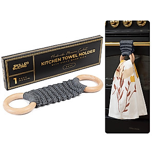 Hanging Kitchen Dish Towel Holder (Handmade Crochet), Decorative Boho Macrame Kitchen Towel Hanger Loop Ring Makes a Unique Gift for Birthday Thanksgiving Day 11 Inches (Grey)