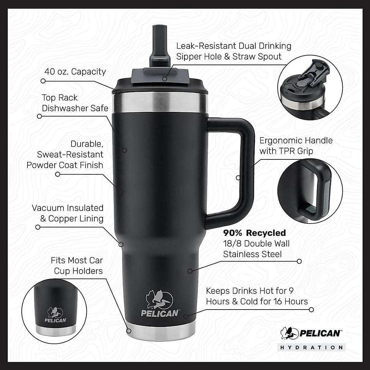 HydrationHub USA Pelican Porter™ Dual - 40 oz. Dual Lid, Recycled Double Wall Stainless Steel Travel Tumbler, Jet Black