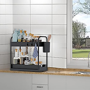 2 Pack Under Sink Organizers and Storage, Cabinet Organizer with Sliding Drawers, Bathroom Organizer, Multi-purpose Under Kitchen Sink Storage Shelf with Handles, 4 Cups and 8 Hooks, (Black)