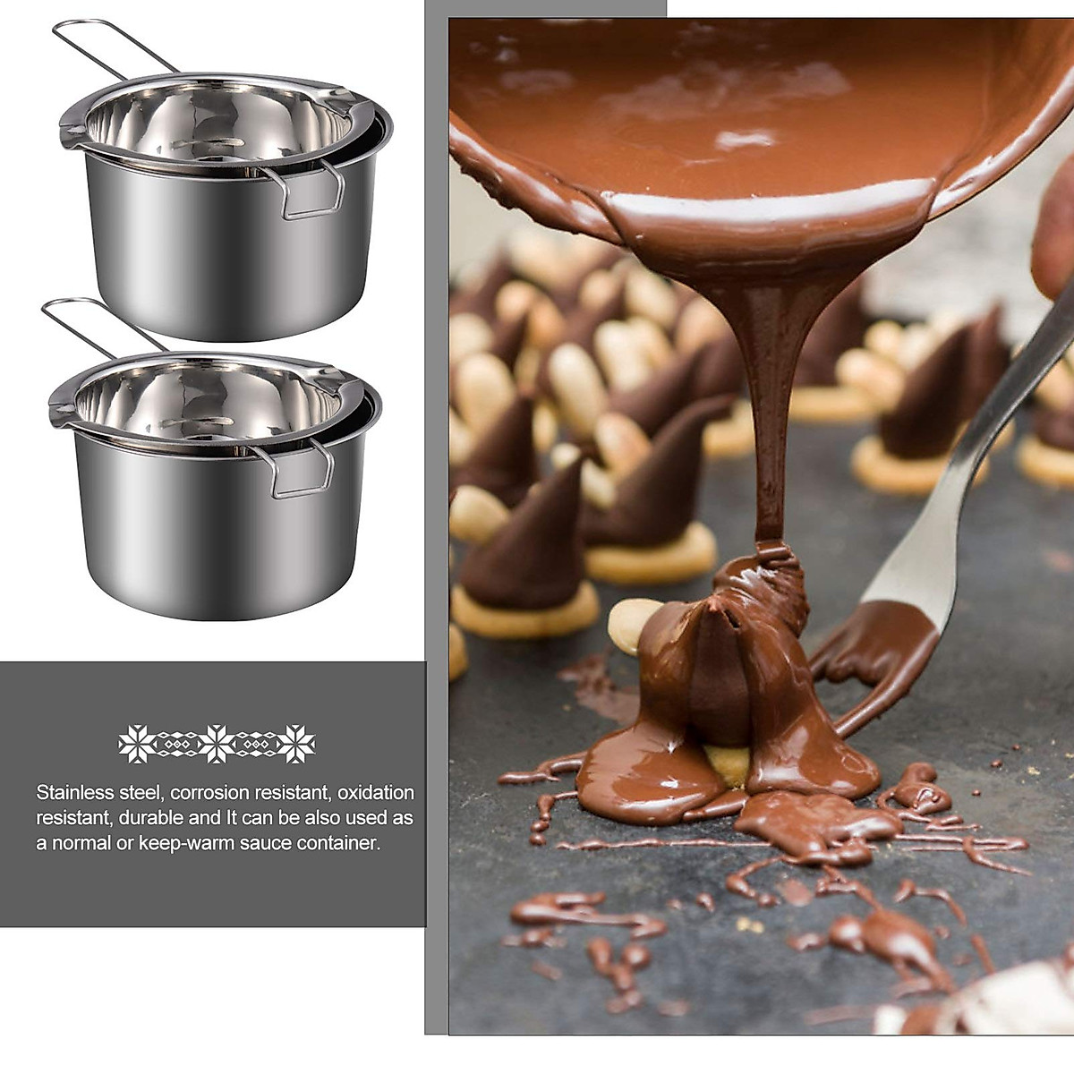 Sewroro Cheesecake Double Boiler Pot Set Stainless Steel Melting Pot Double Boiler Chocolate Melting Pot for Melting Chocolate, Soap, Wax, Candle (400ml) Heated Suit