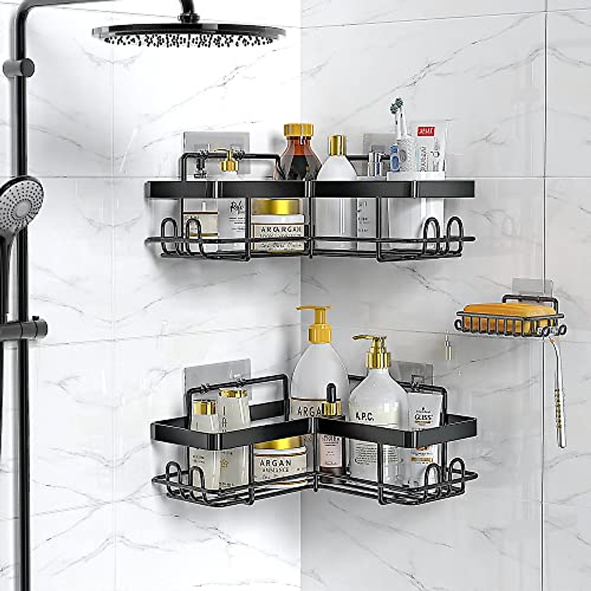 Moforoco 3 Pack Adhesive Corner Shower Caddy, Shower Organizer Shelf with Soap Holder and 12 Hooks, Shower Shelves Rustproof for Bathroom, Shower Storage Basket, Shower Shelf for Inside Shower