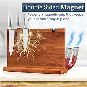 Acacia Wood Magnetic Knife Block 14 x 10" - Double Sided Magnet Knife holder - Magnetic Knife Board W/Knife Sharpener - Knife Holder for Kitchen Counter - Detachable Knife Display Stand