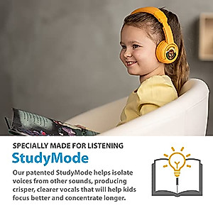 BuddyPhones ONANOFF Play+, Wireless Bluetooth Volume-Limiting Kids Headphones, 20-Hours Battery Life, 3 Volume Settings, Voice Enhancing StudyMode, Answer/Playback Button, BuddyLink Cable, Sun Yellow