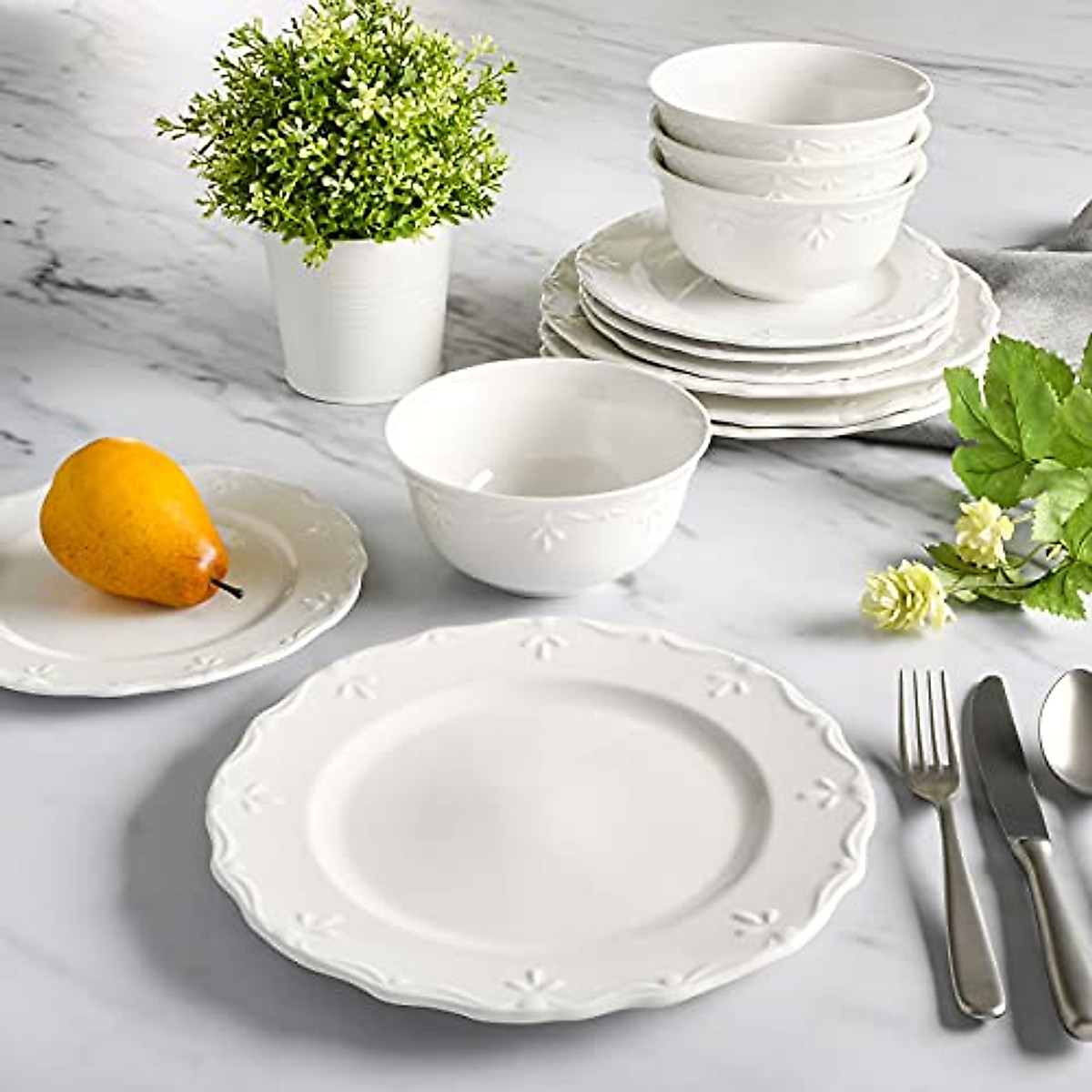 Gibson Home Round Embossed Dinnerware Set, Service for 4 (12pcs), White
