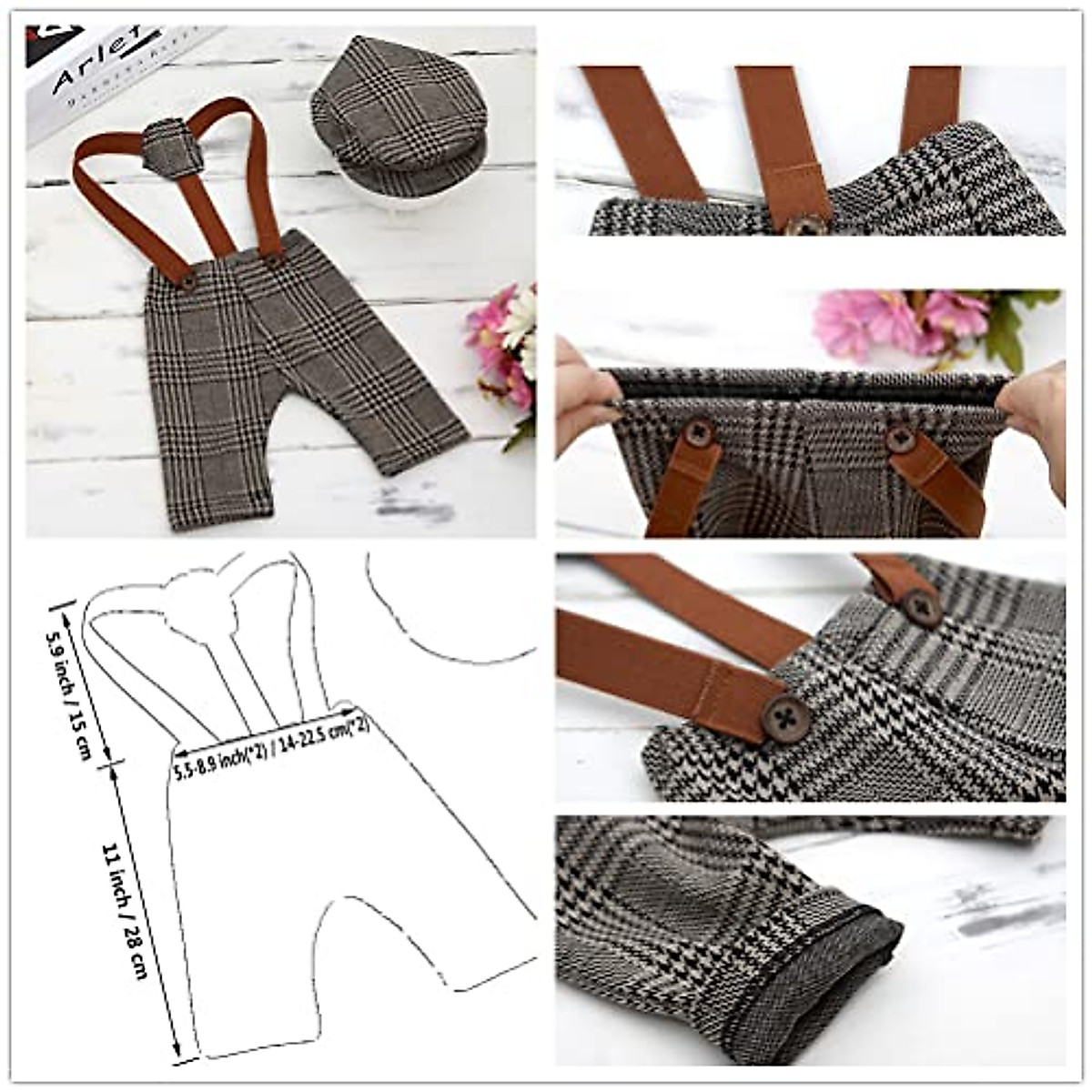 Baby Photography Props Newborn Boy Photo Shoot Outfits Infant Gentleman Suit Lattice Outfit Hats (Coffee)