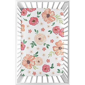 Sweet Jojo Designs Peach and Green Baby Girl Fitted Mini Portable Crib Sheet for Watercolor Floral Collection - Pink Rose Flower - for Mini Crib or Pack and Play ONLY