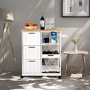 AKVOMBI Rolling Kitchen Island Cart with Wood Countertop, White Kitchen Trolley Carts on Wheels with 3 Drawers, Towel Rack, Adjustable Shelves