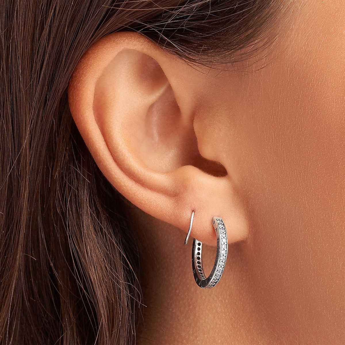 PANDORA Sparkle and PANDORA Logo Hoop Earrings - Stunning Women's Earrings - Great Gift for Her - Sterling Silver & Cubic Zirconia - 2.4 mm