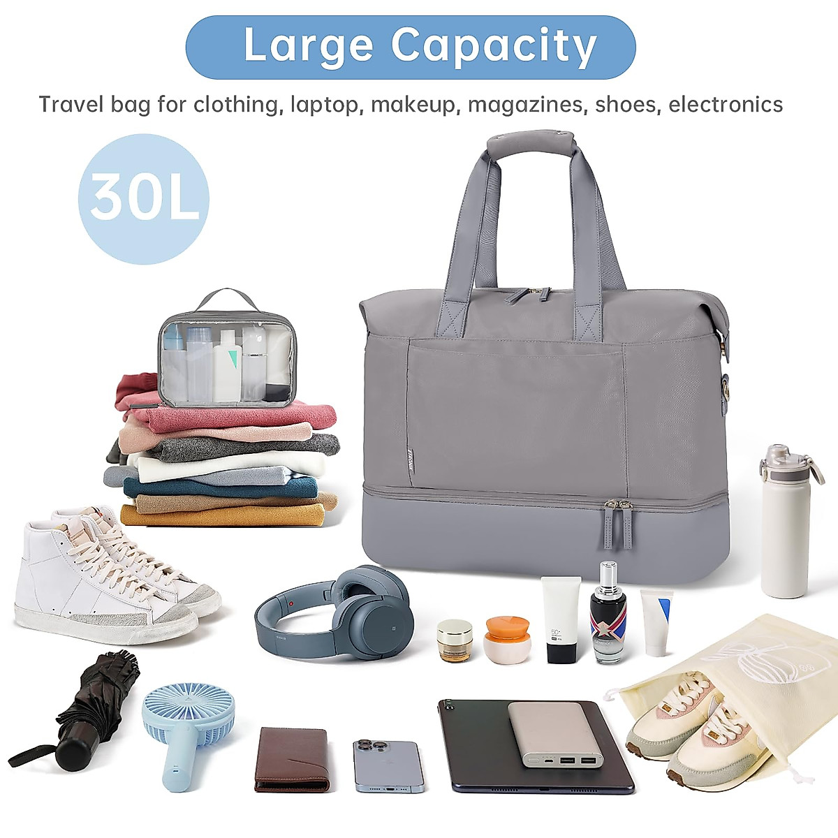 ETRONIK Weekender Bag for Women with 15.6 inch Laptop Compartment, 30L Travel Duffle Bag with Shoe Compartment & Wet Pocket, Carry on Overnight Bag with Toiletry Bag for Travel, Hospital, Sport, Grey