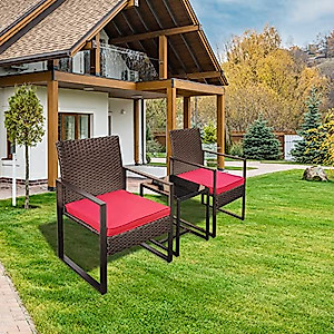 YIYAN 3 Pieces Outdoor Furniture Set Patio Rattan Wicker Chairs & teatable,Lawn Garden Balcony Backyard,with Washable Cushion (Red)