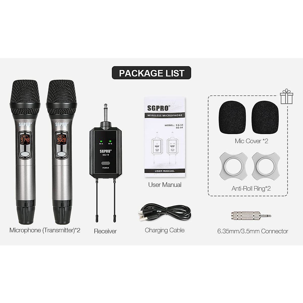 SGPRO Multiple-Purpose Wireless Microphone Set Compact Receiver Mute Function Battery Indicator for Singing, DJ, Speech, Classroom, Church, Home Karaoke and More (SG-14 | Dual Handheld Set)