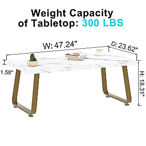 HSH White Marble Coffee Table, Modern Faux Marble Living Room Table, Wood and Metal Legs Center Table, Fashion Rectangular Tea Table for Office Minimalist Cocktail Table, White Marble and Gold, 47 in