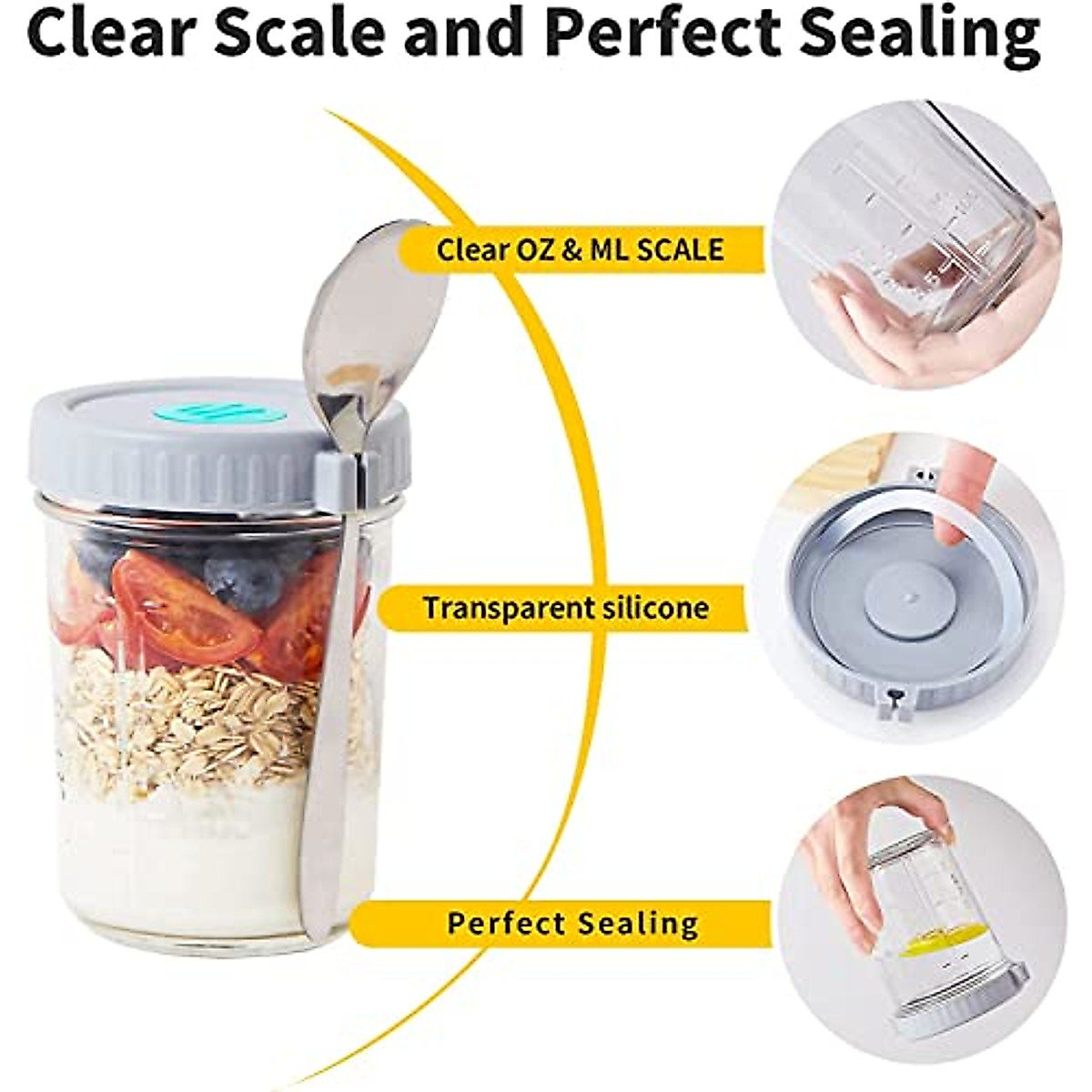 P&Y Overnight Oats Containers with Lids, 12 Oz Glass with Spoons for Mason Overnight Oats Jars, Oatmeal Container with Letter Silicone Label for Cereal Yogurt Fruit (Gray M Forks, 2Pack)