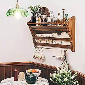 Wooden Rustic Floating Shelf, Wood Floating Shelf with Towel Holder and 5 Hooks, Farmhouse Wall Shelf for Dishes Books Mail Bill, Entryway Floating Shelf for Kitchen Bedroom Nursery Bathroom