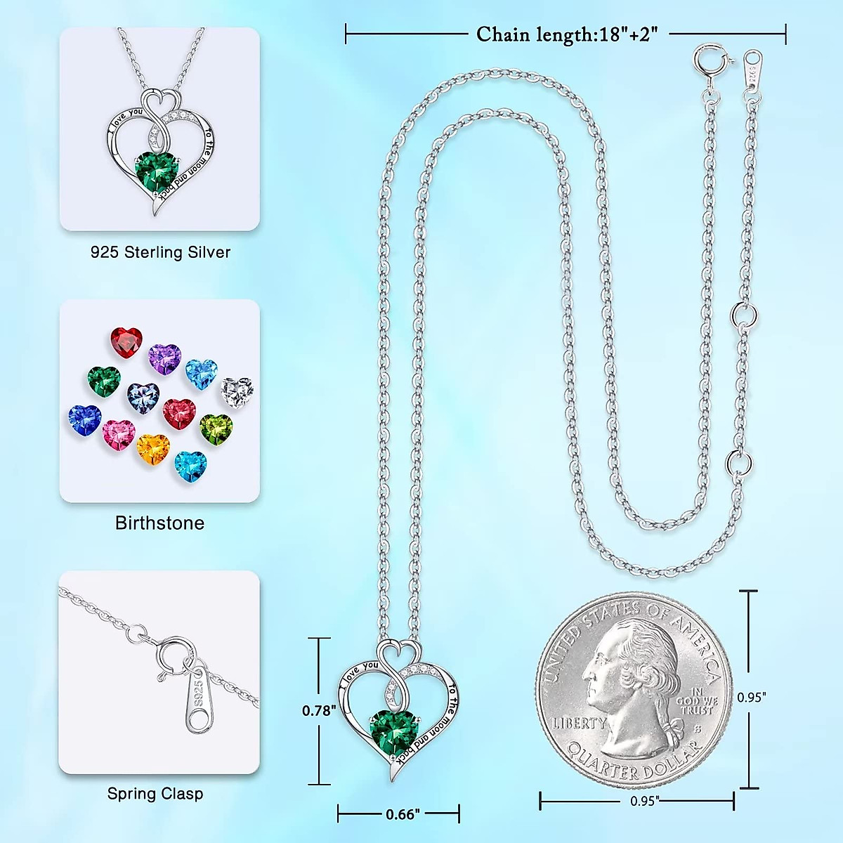 Forever Love Heart Pendant Necklace, 925 Sterling Silver Heart Birthstone Jewelry Necklace for Women Anniversary Valentines Day Gifts for Her Mothers Day Christmas Birthday Gifts for Mom Wife