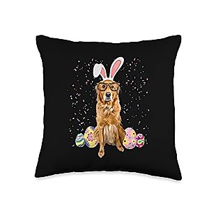Happy Easter Golden Retriever In Leopard Glasses Golden Retriever with Easter Bunny Ears & Glasses Throw Pillow, 16x16, Multicolor