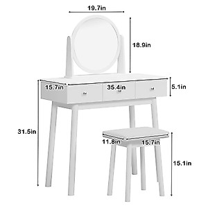 SogesHome Vanity Table Sets with Moveable Mirror and Padded Stool, Makeup Desk with 3-Drawers, Classic White Dressing Table Vanity Desk for Bedroom, Makeup Studio, Dormitory, White