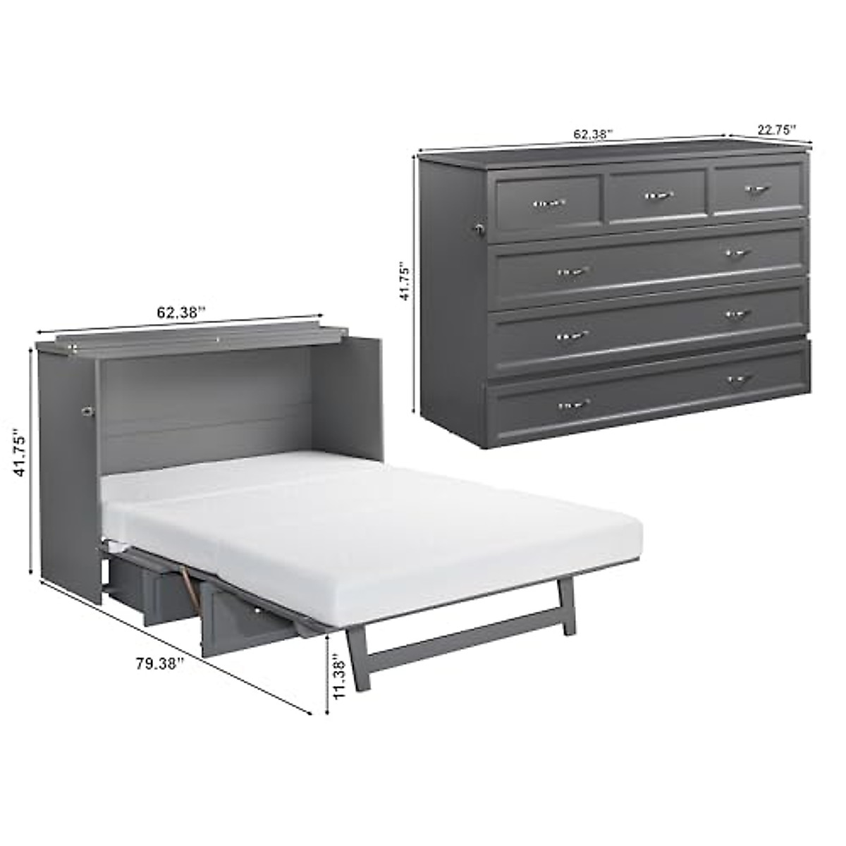 AFI Deerfield Murphy Bed Chest with Charging Station, Queen, Grey
