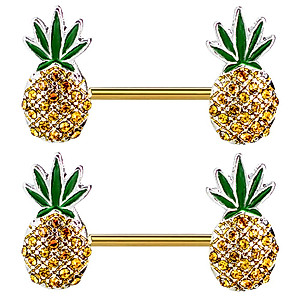 Pierce2GO Pineapple Weed Nipple Rings – Anodized Gold Surgical Stainless-Steel Set of 2 Barbell Cute 14G Pineapple Nipple Piercing –Jewelry for Women - 9/16" Barbell