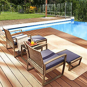 LOKATSE HOME Patio Conversation Bistro Set 5 Pieces Outdoor PE Wicker Rattan Sofa All Weather Furniture Cushioned Chairs and Ottomans with Tempered Glass Coffee Table for Backyard, Garden, Porch, Blue