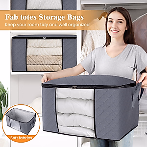 Fab totes 6 Pack Clothes Storage, Foldable Blanket Storage Bags, Storage Containers for Organizing Bedroom, Closet, Clothing, Comforter, Organization and Storage with Lids and Handle, Grey