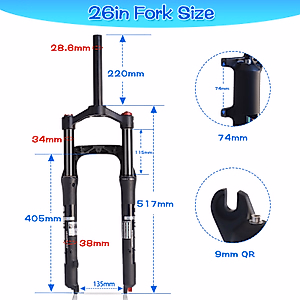 ZTZ 26 * 4.0 inch Fat Tire MTB Air Suspension Fork - Ultralight Rebound Adjustment Front Fork,120mm Travel, 135mm Spacing Hub，9mm QR，Crown Lockout， Ideal for Snow Beach XC Mountain Bikes