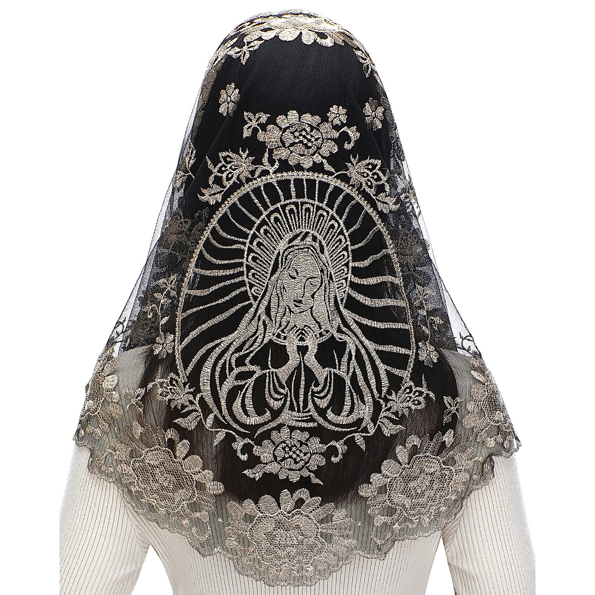 Bozidol Women's Chapel Lace Veils Catholic Church Mantilla Mass Head Covering Religious Christian Gift for Women (Black-Gold)