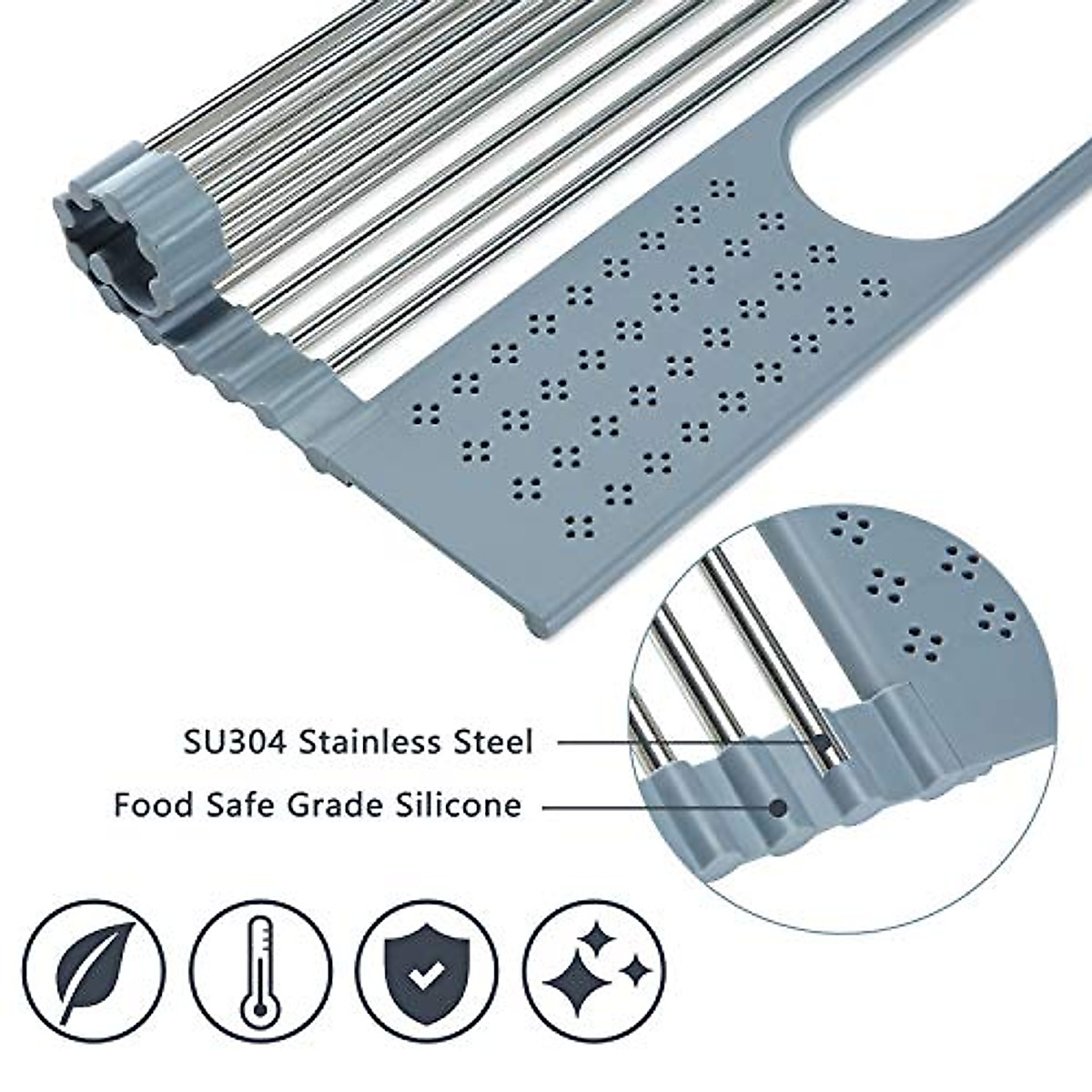 N/A2 Roll Up Dish Drying Rack - Over The Sink Drying Rack with Utensil Holder + Multipurpose Sink Cover Stainless Steel Silicone Portable Dish Draining and Folding Strainer for Mom!