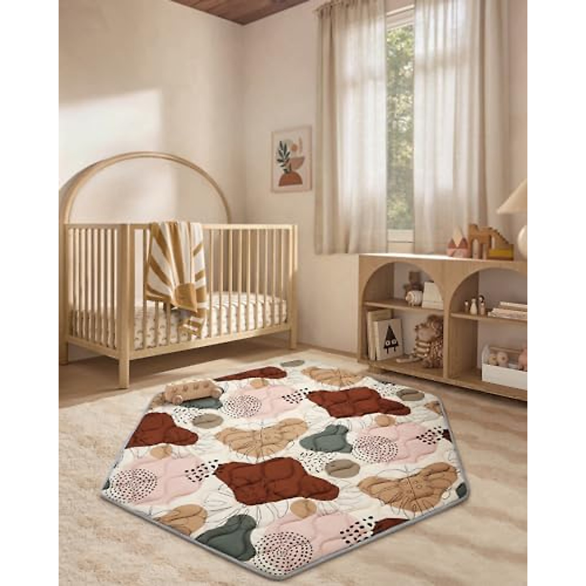 Blissful Diary Hexagon Playpen Mat,52x48 Thicken Soft Playpen Mat fits Regalo Portable Play Yard 48 Inch and Hiccapop 53" PlayPod Playpen,Washable Baby Play Mat for Infants Toddler Kids,Boho Design