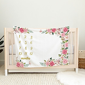 Yokakio Baby Monthly Milestone Blanket Girl, Milestone Blanket for Baby Girl, Track Growth and Age, Newborn Shower Gifts for Mom, Includes Floral Wreath & Pink Bow Headband, 60" X 40"