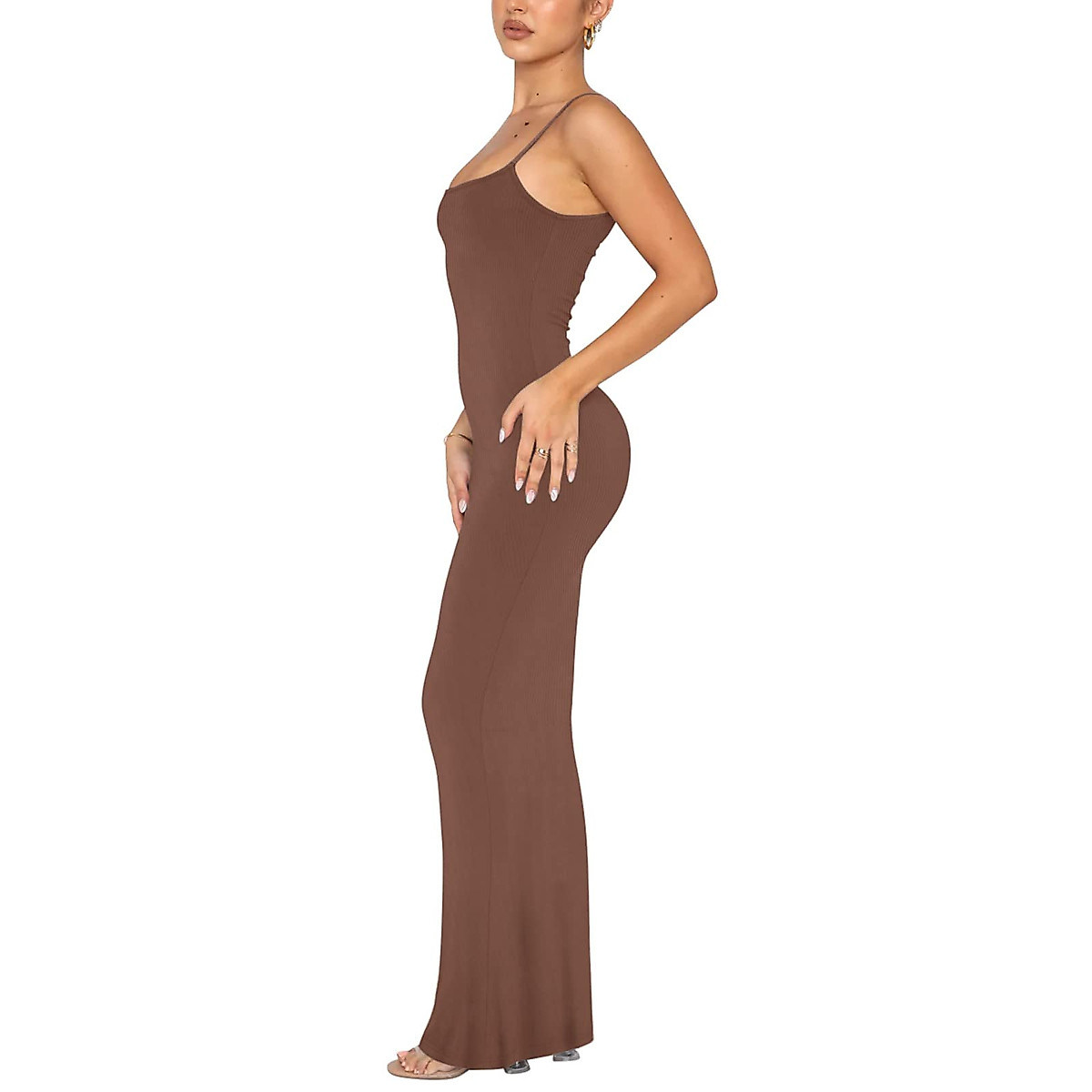 REORIA Women's Sexy Casual Lounge Slip Long Dress Elegant Wedding Guest Sleeveless Backless Ribbed Bodycon Maxi Dresses Coffee X-Small