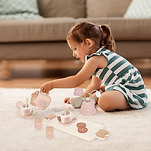 Smartwo Wooden Tea Set for Little Girls, 26 PCS Play Kitchen Accessories for Toddlers Princess Tea Party with Play Food, Pretend Play Tea Set Toy for kids 1 2 3, Improve Imagination and Social Skills