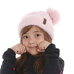 Kids Winter Beanie Knitted Hats for Girls Boys Toddler Baby, Pig Cartoon Animal Faux Fur Double Pom Pom Bobble Warm Soft Fleece Cute Infant Stocking Cap For Children