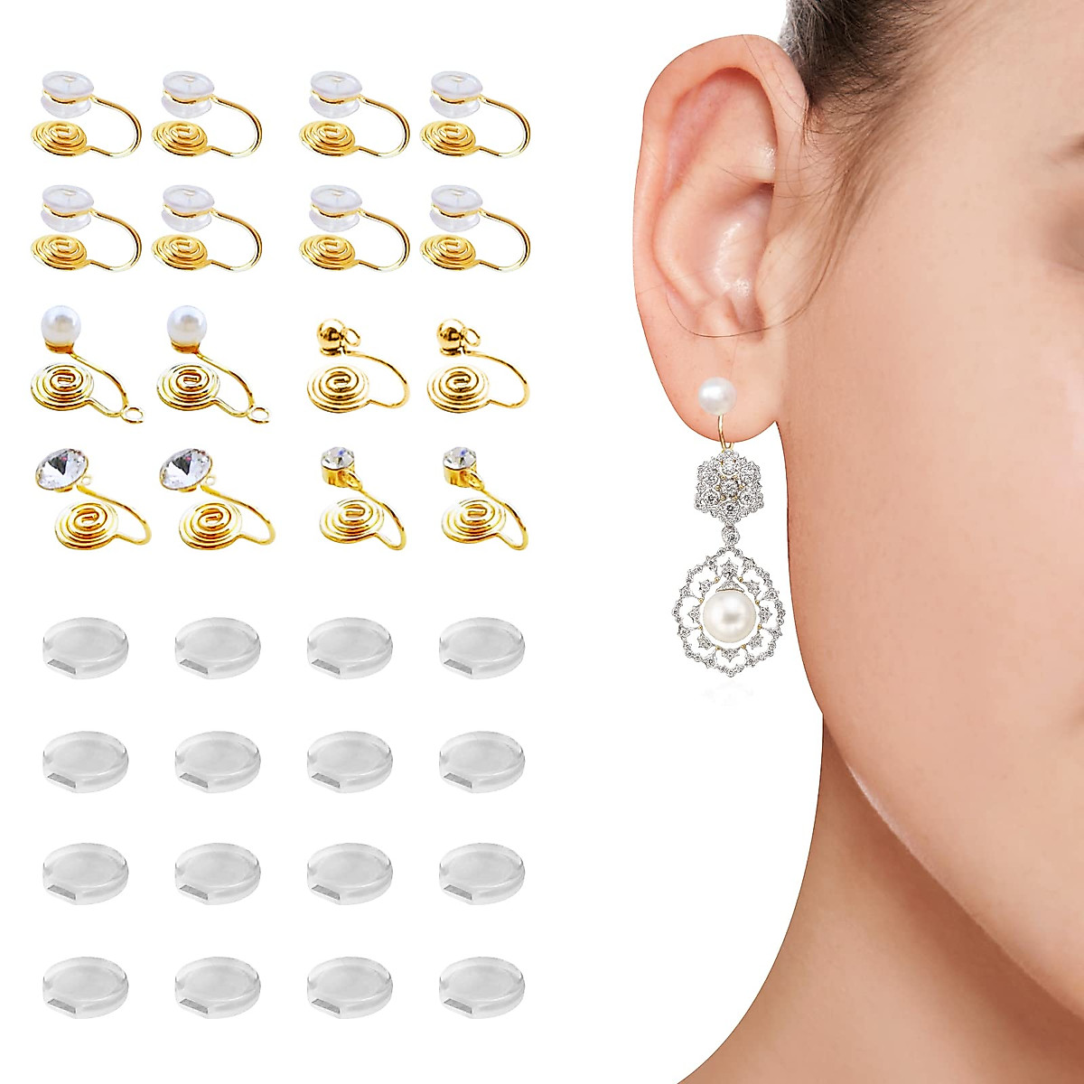 TAOARA 16 PCS Clip on Earrings Converter 5 Types Earring Converters Pierced to Clip with 16 Pieces Comfort Earring Pads Golden Hook Earring Converter for Women Men Non-Pierced Ears