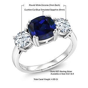 Gem Stone King 925 Sterling Silver Blue Simulated Sapphire and White Zirconia 3 Stone Engagement Ring For Women (4.00 Cttw, Gemstone September Birthstone, Cushion 8MM, Size 7)