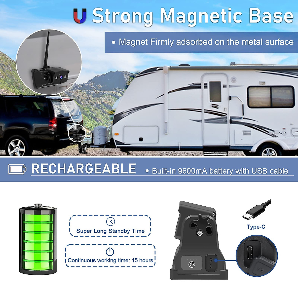 Magnetic Wireless Backup Camera, NILOGHAP Rechargeable Easy Hitching of Truck Trailer Hitch Fifth Wheels RV Camper Rear View Reverse Camera Super Night Vision HD 1080P for iPhone iPad Android