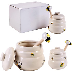 Ceramic Honey Jar with Wooden Honey Dipper-Honey Pot with Dipper- Honey Jar with Stand, Great Bee Decor- Farmhouse Kitchen Decor