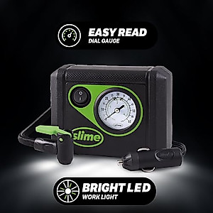 Slime 40059 Tire Inflator, Junior, Compact, Powerful, Portable Car Air Compressor, Lightweight, Analog, Flat Tire Repair, 12V, 12 min Inflation