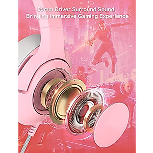 PHNIXGAM Pink Girl Gaming Headset for PS4, PS5, Xbox One(No Adapter), Wired Over-Ear Headphones with Detachable Cat Ears, Noise Cancelling Microphone, RGB Backlight, Surround Sound for PC