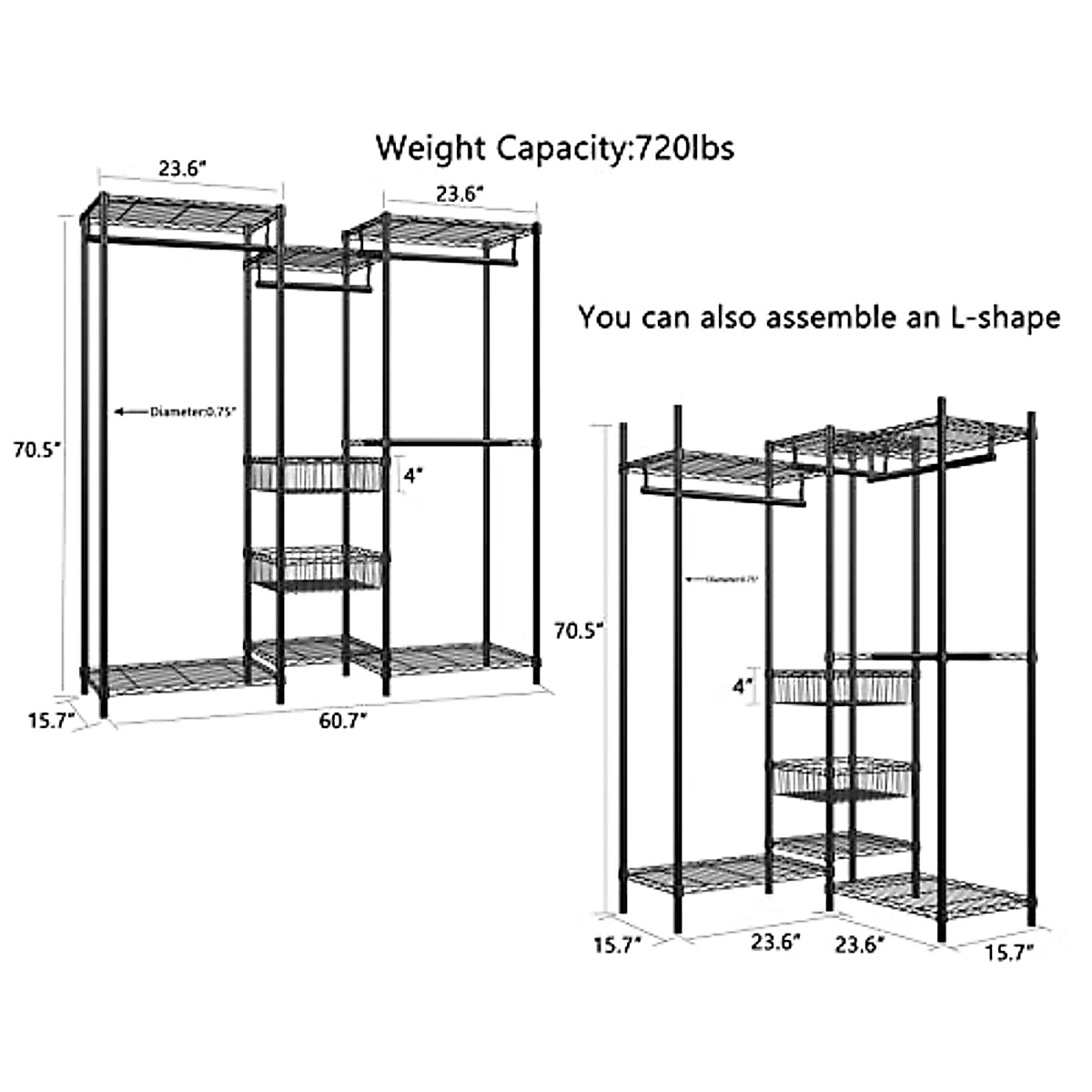 Xiofio 6 Tiers Heavy Duty Garment Rack,Clothing Storage Organizer, Metal Clothing Rack,Clothing Rack with Hanging Rod,Adjustable Shelf and Fixed Baskets,60.7"L x 15.7"W x 70.5"H Max Load 720LBS,Black·